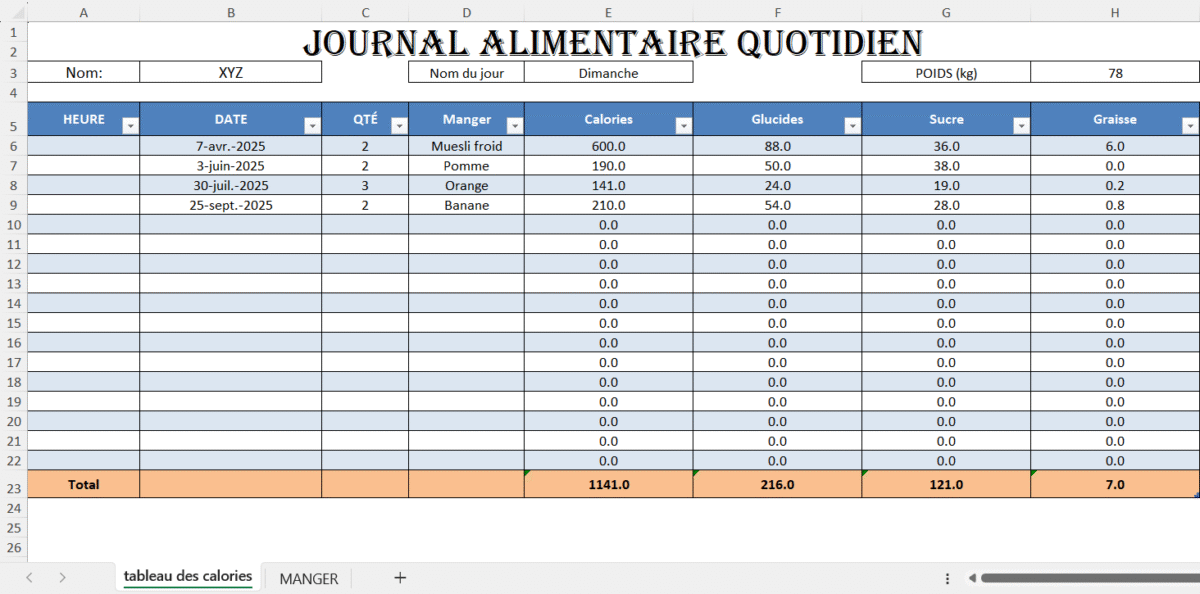 Journal alimentaire quotidien – Modèle Excel pour le suivi des calories ...