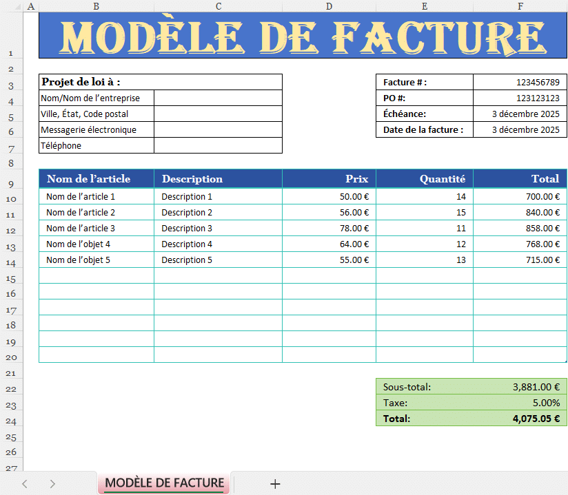 Modèle de Facture Professionnelle en Excel Modèle de Facture Excel ...