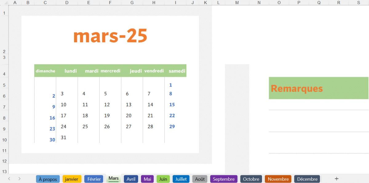 Modèle de Calendrier Mensuel – Modèle Excel Gratuit (Usage personnel ...